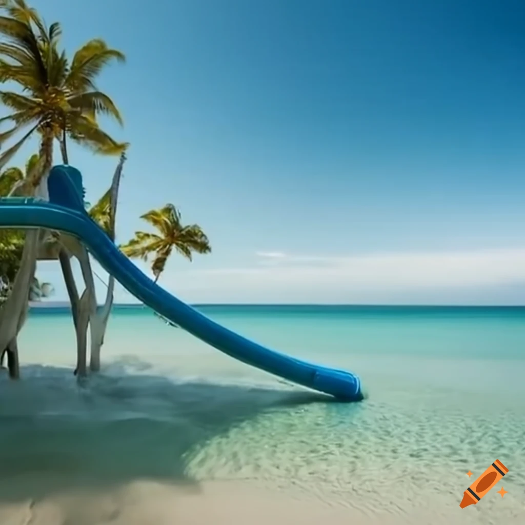 A curly water slide on a tropical beach