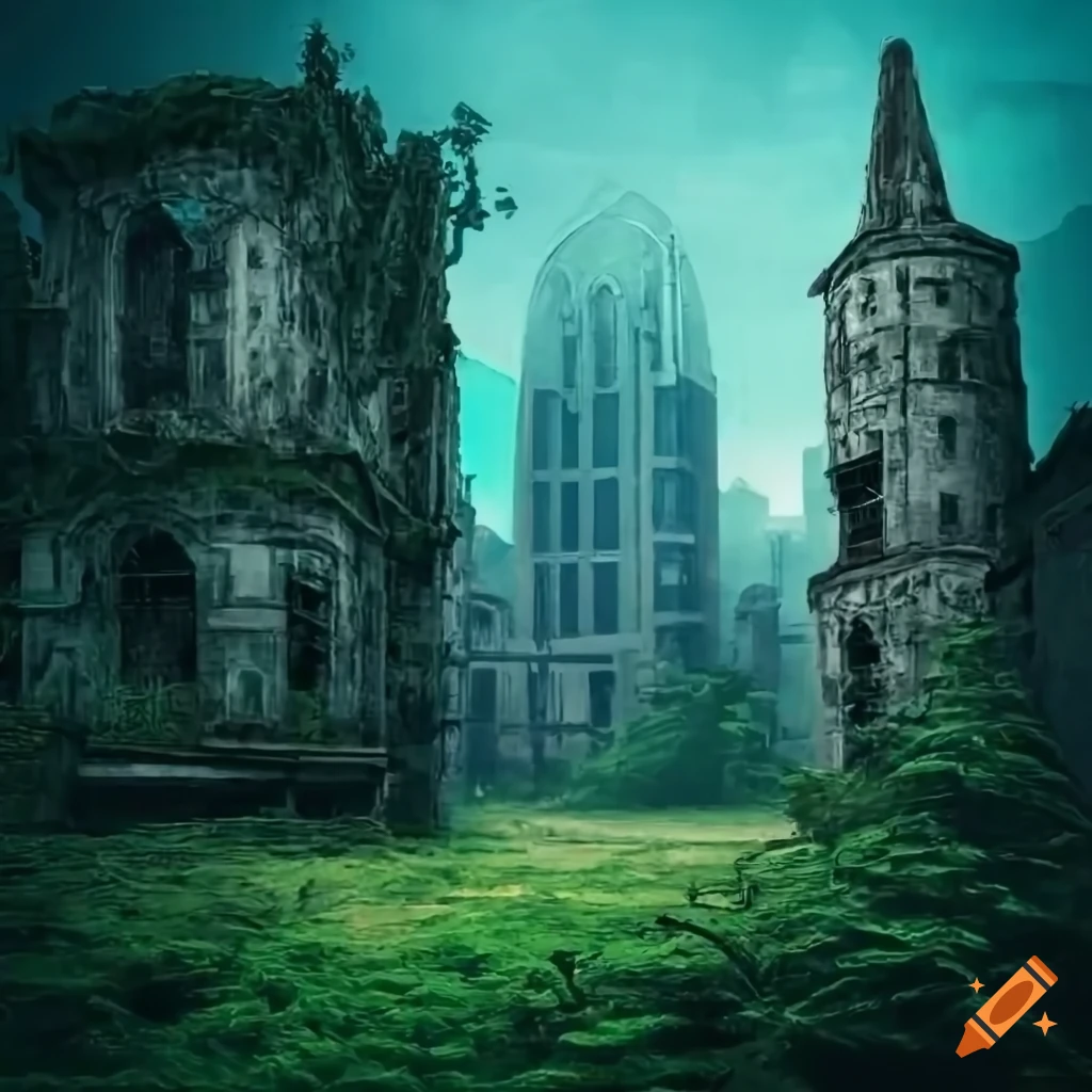 A roe like utopia, with old ruined buildings in the background with ...