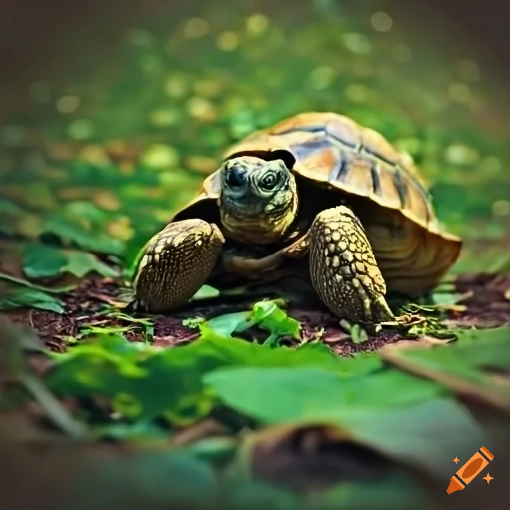 A tortoise rests on green leaves in a forest on Craiyon
