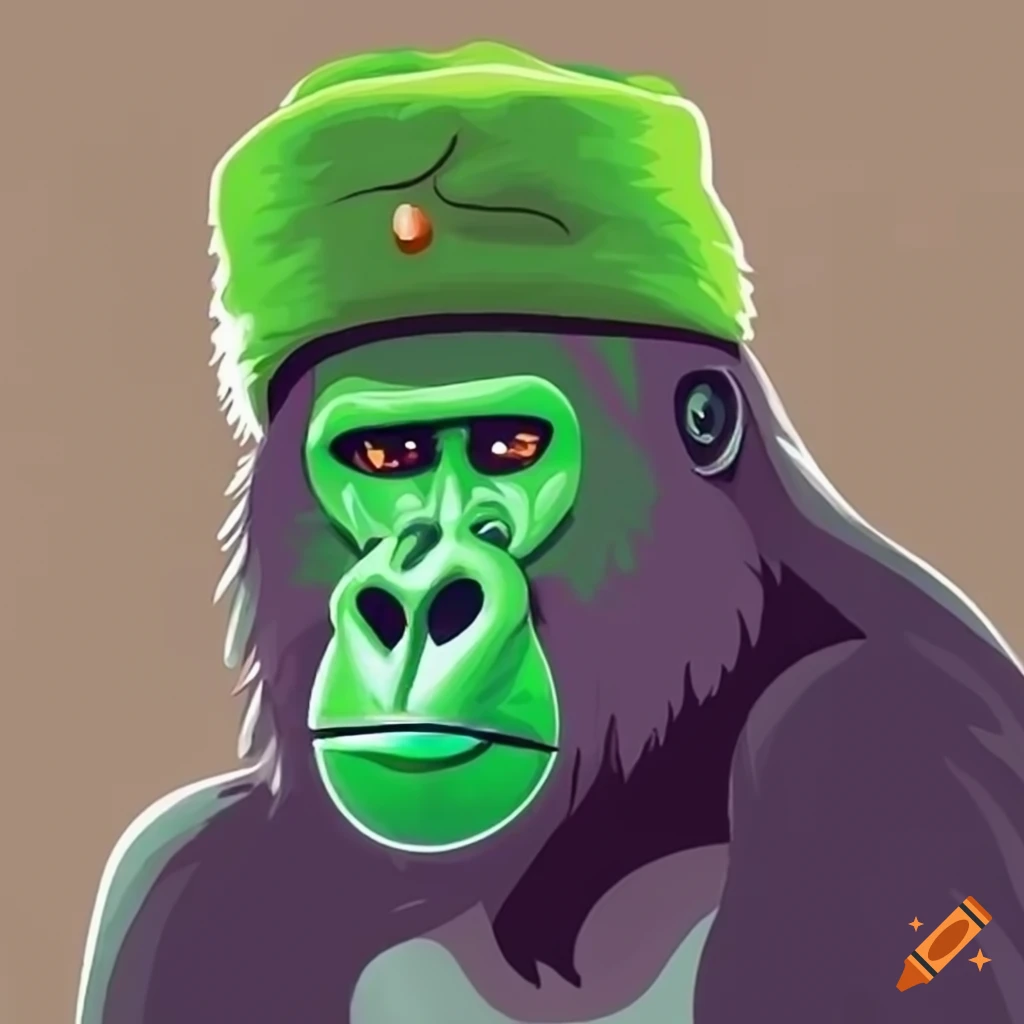 Green gorilla with a ushanka hat on
