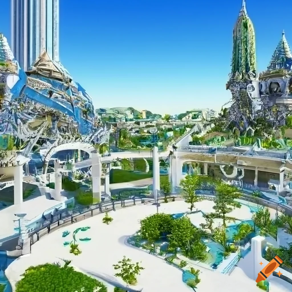 Fantasy, partial aerial view, giant crystal boulevard with gardens and ...