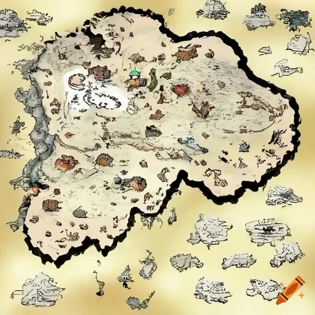 World map of fantasy world in manga style
