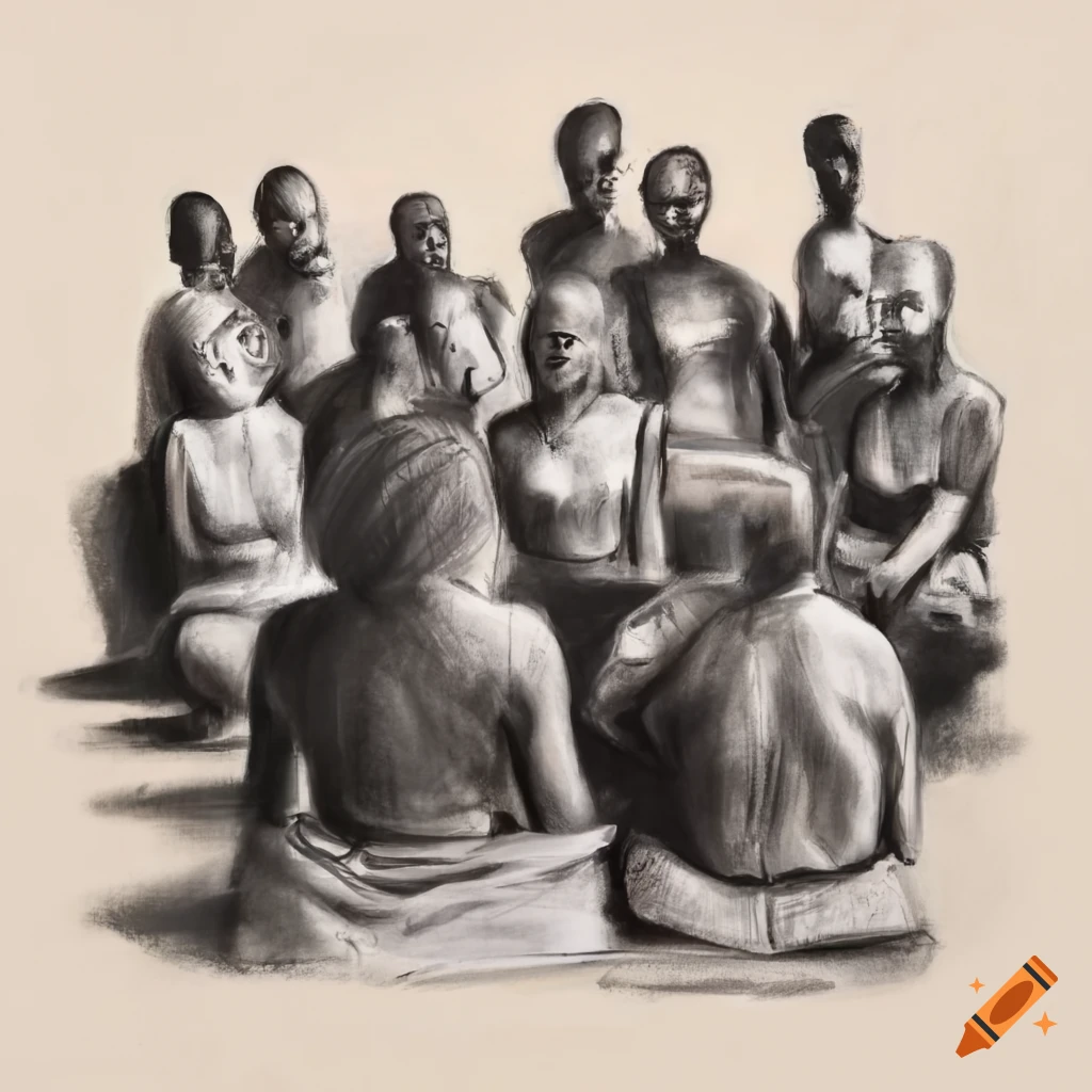 Large group of diverse people sitting, charcoal drawing