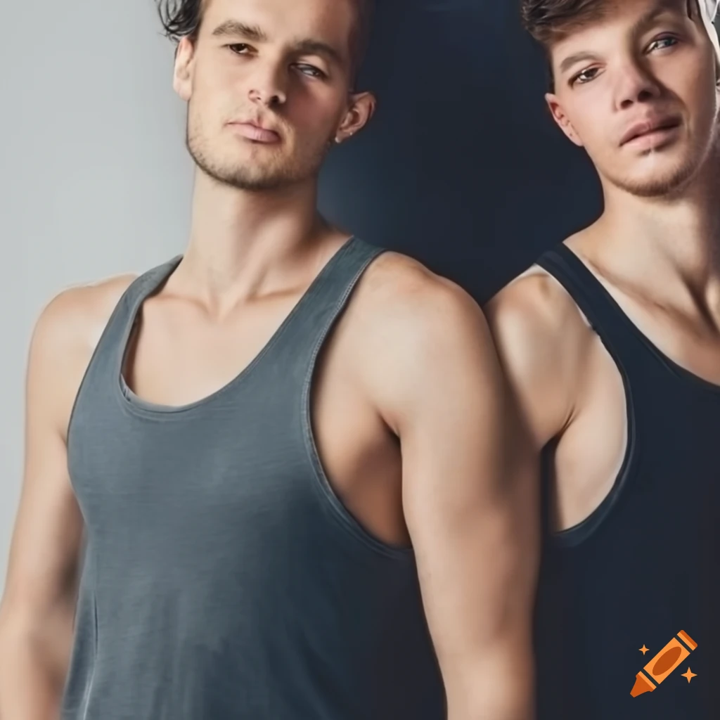 Close-up of Two men in tank top with white background vintage style on ...