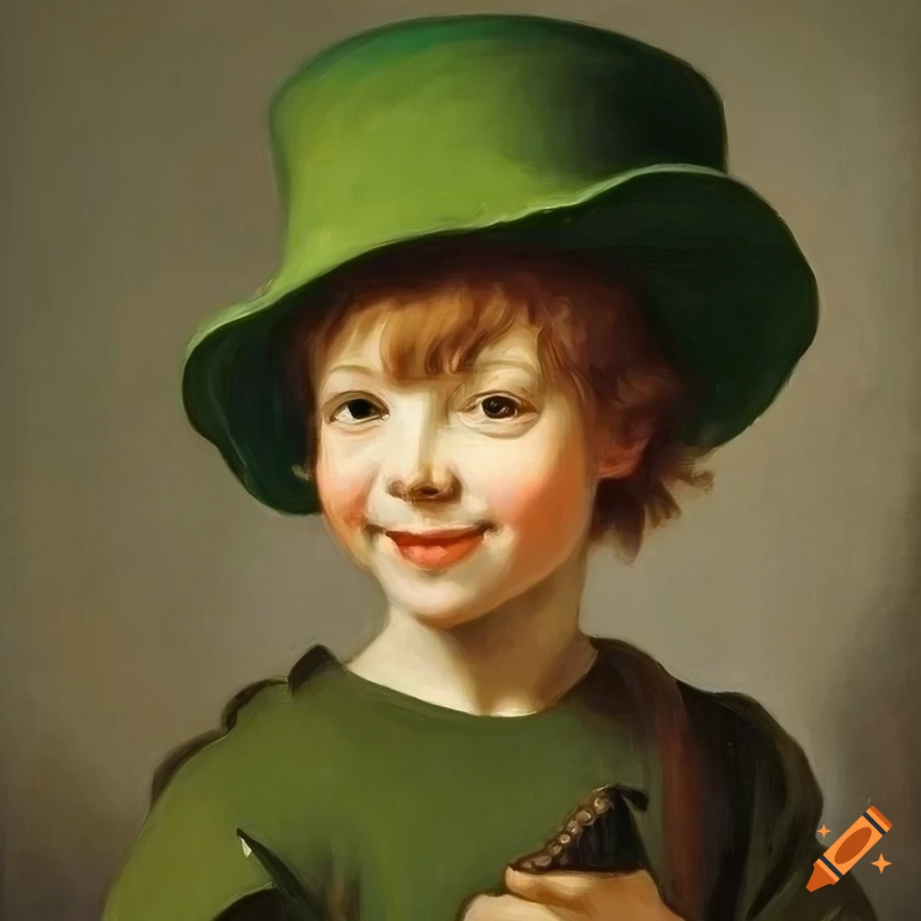 Classical portrait of a smiling boy with a green wingnut hat, green ...