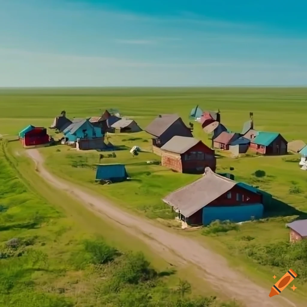 Steppe russian village near the coast green filter drone view