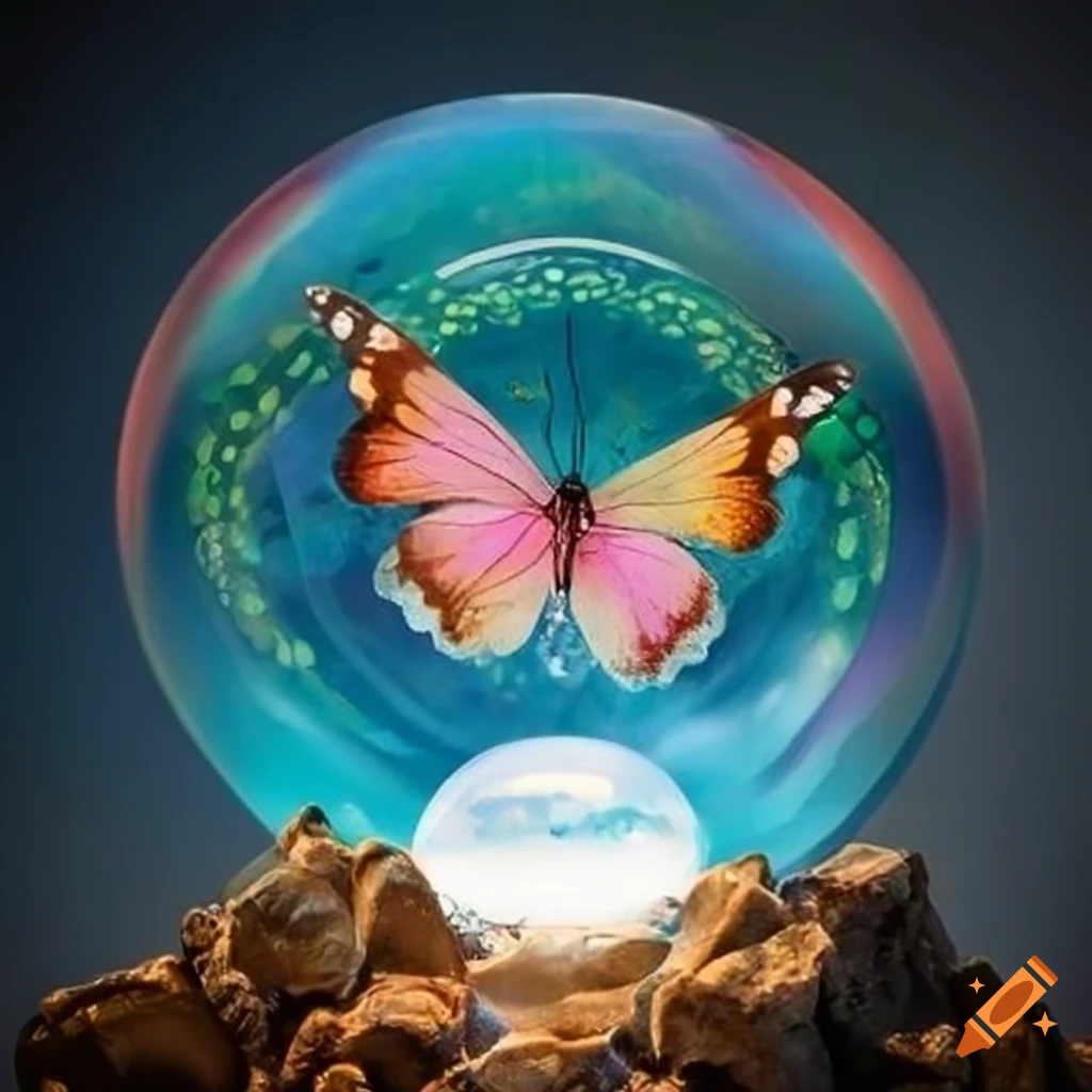 A mystical crystal ball with a butterfly perched on top
