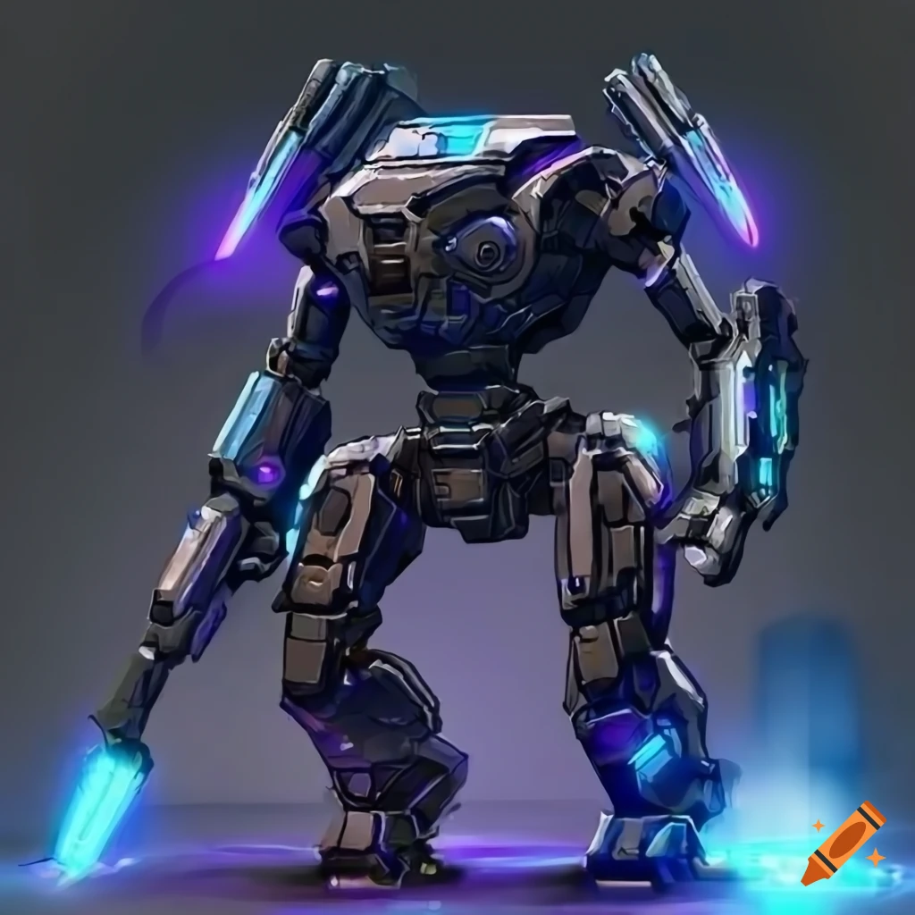 Futuristic mech. black and blue armor. purple lights. spear on Craiyon