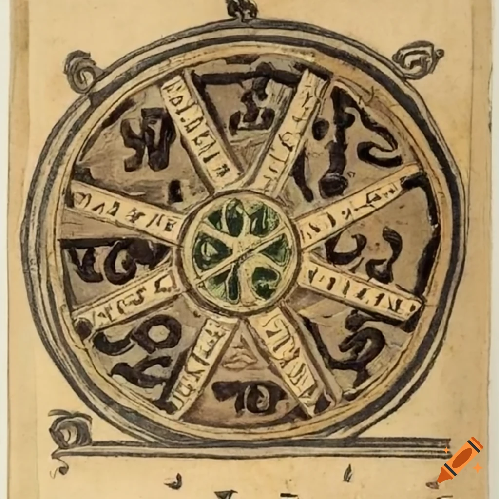In the middle is a wheel decorated with letters. These are four Hebrew letters (Tetragrammaton ...