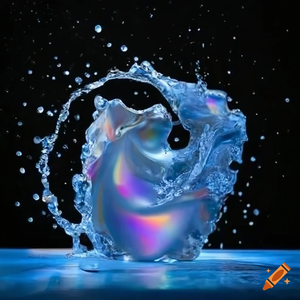 Surreal geometric marble sculpture inside of a splash of iridescent water