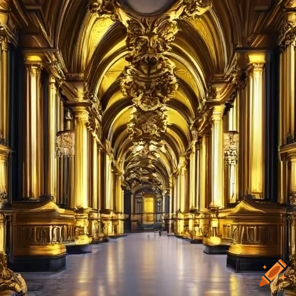 A fancy hallway of gold with ornate windows lining the walls inbetween ...