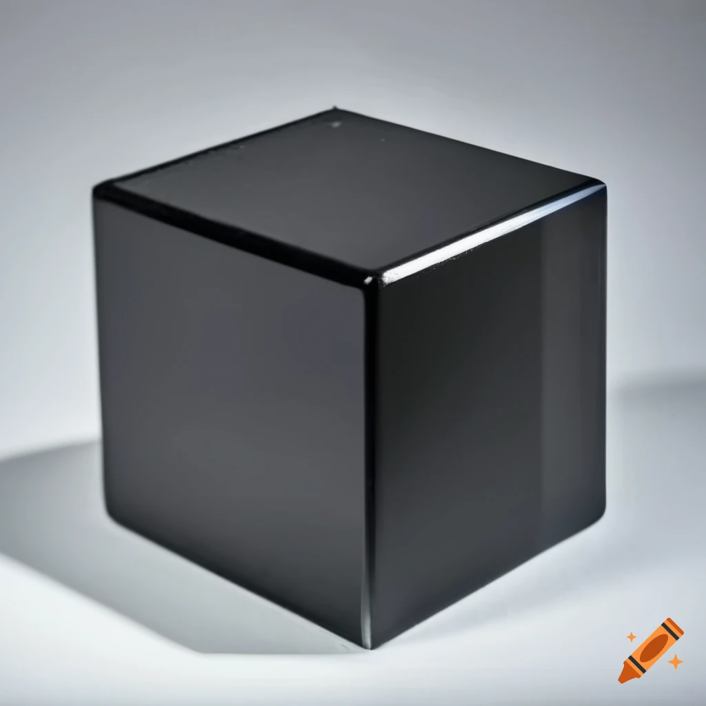 A black metal cube with white background on Craiyon