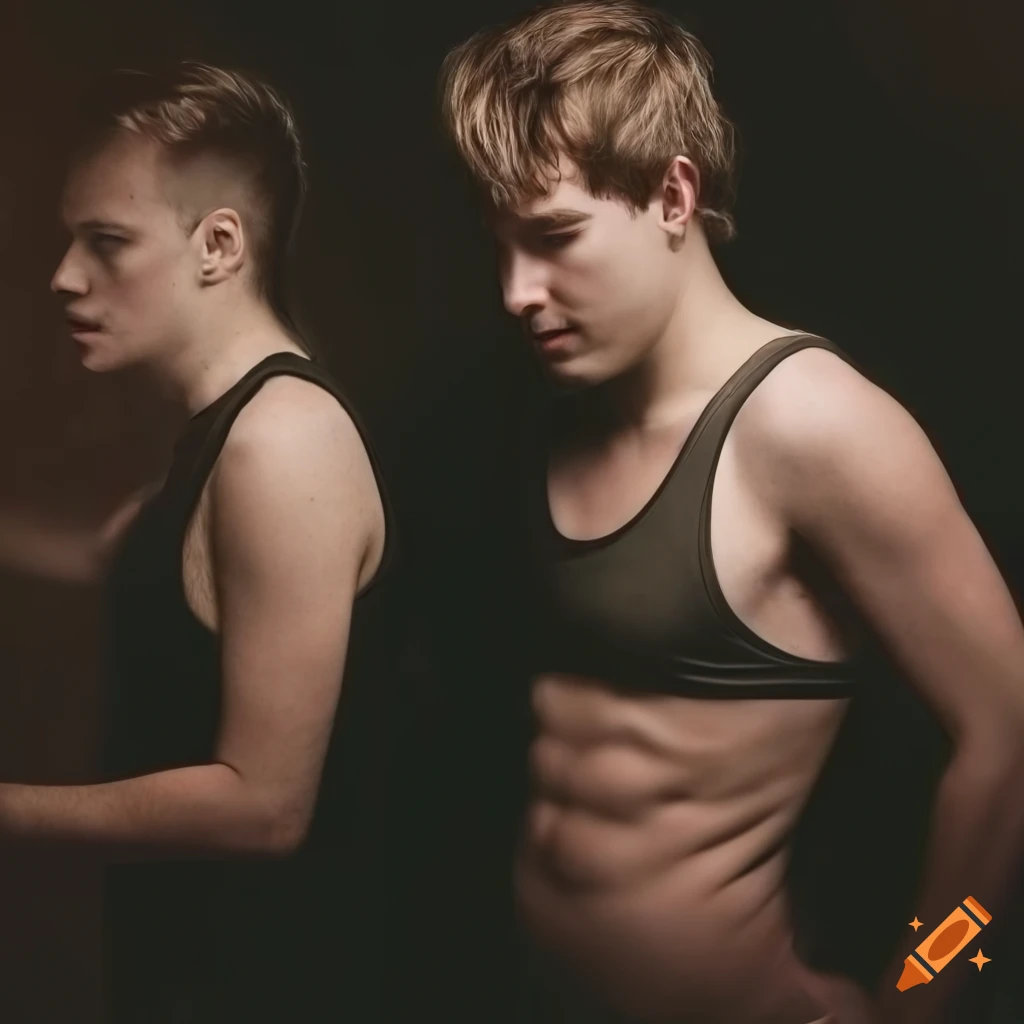 Close-up of two men in tank top with white background vintage style on ...