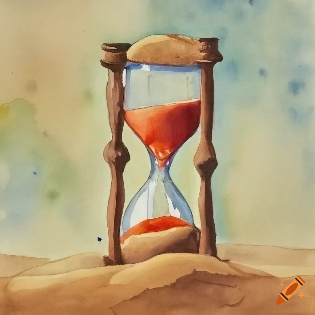 An hourglass in a sand field, watercolor by Thomas w.Schaller on Craiyon