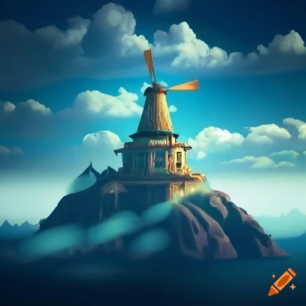 Fantasy temple with windmill fan parapets on a mountain peak surrounded ...
