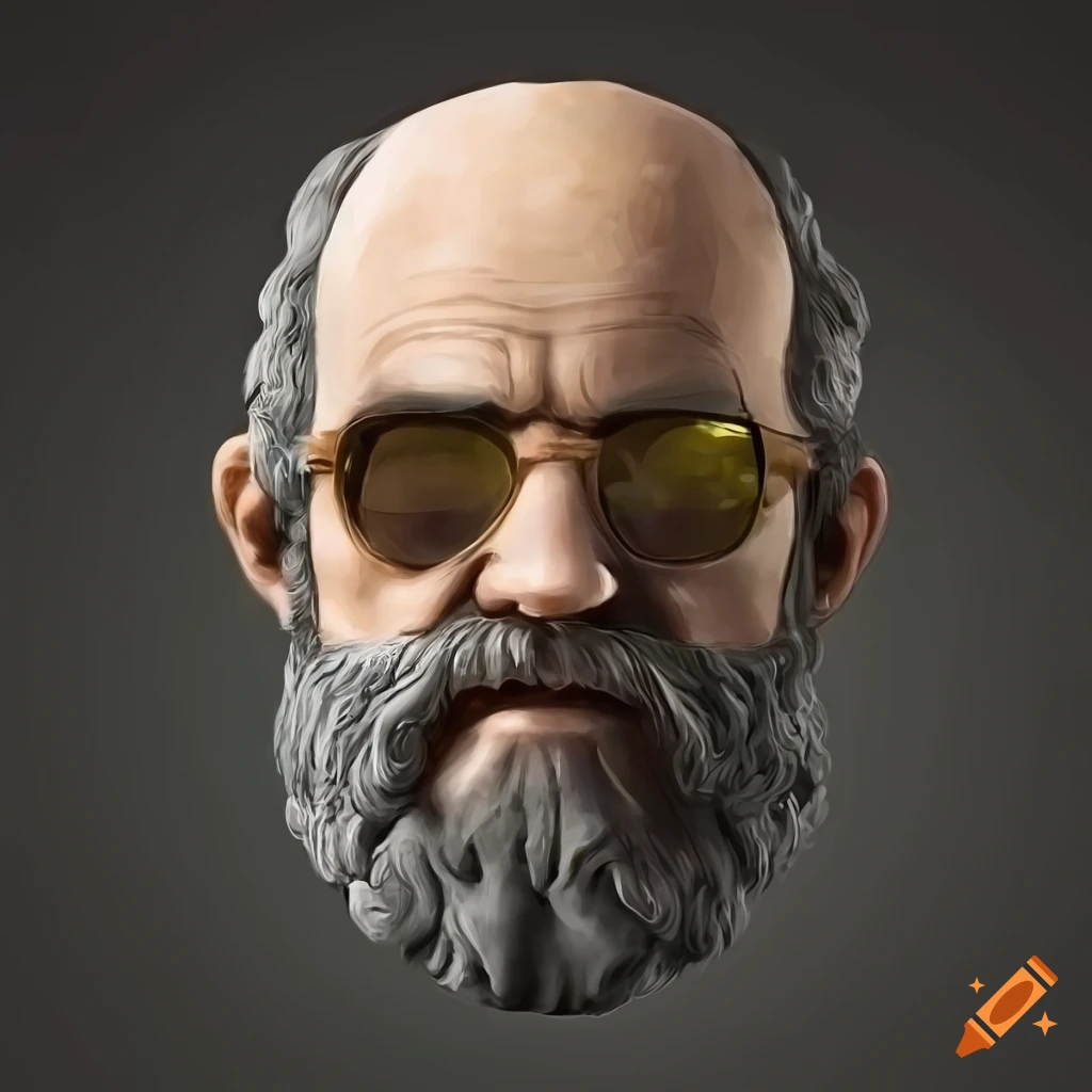 Modern socrates head portrait with beard sun glasses, cap nad tunica on ...
