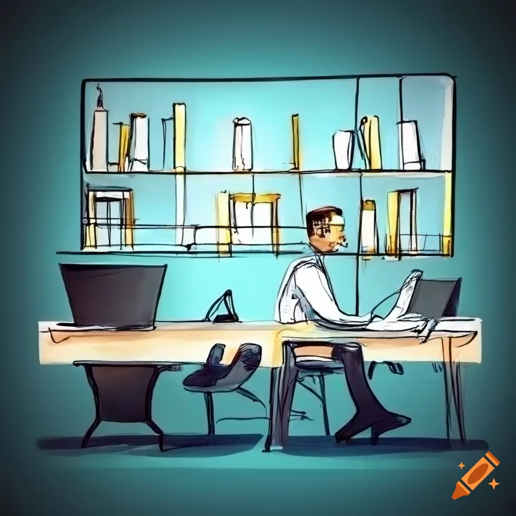 Drawing of a busy office