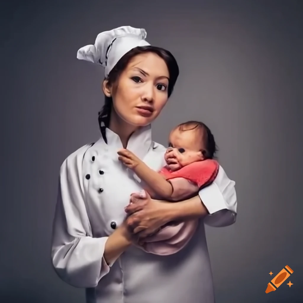 Portrait of a female chef holding a baby on Craiyon