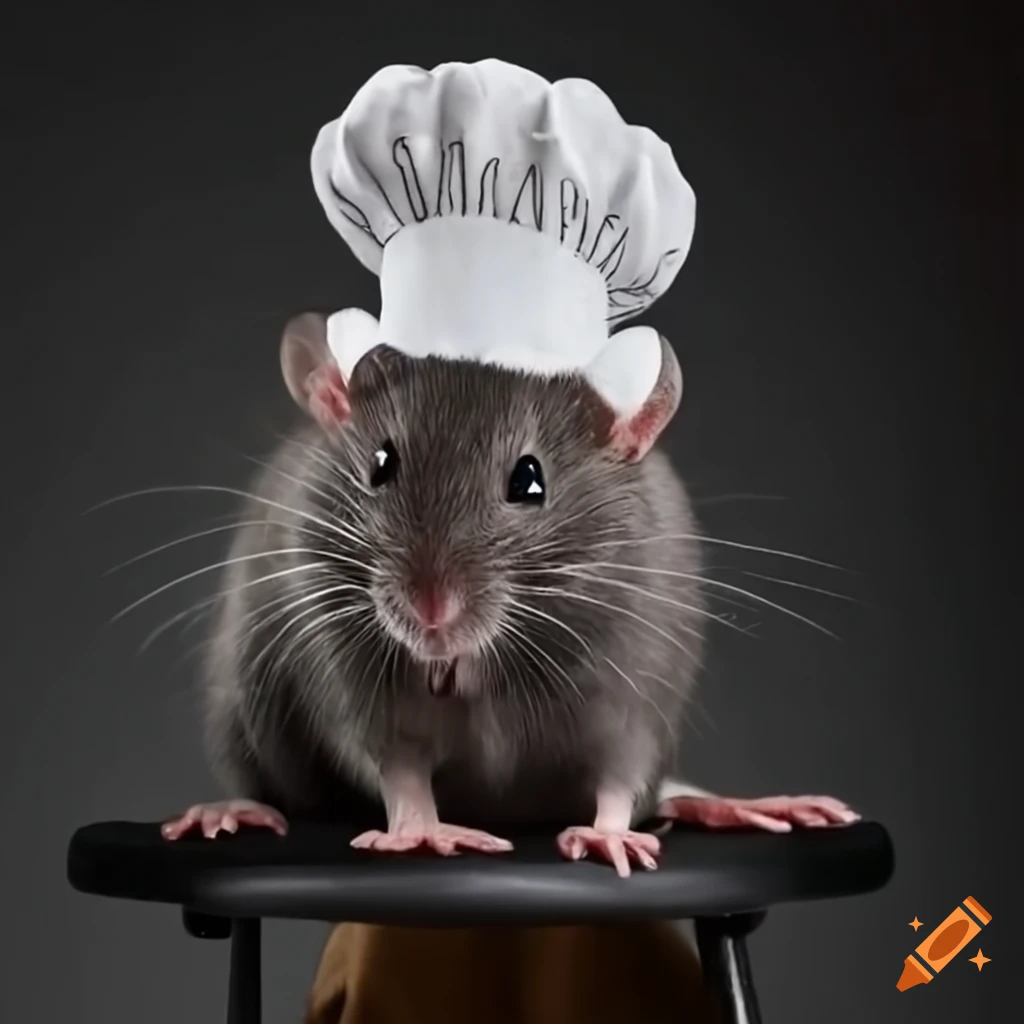 Grey rat with a chefs hat on a high chair on Craiyon
