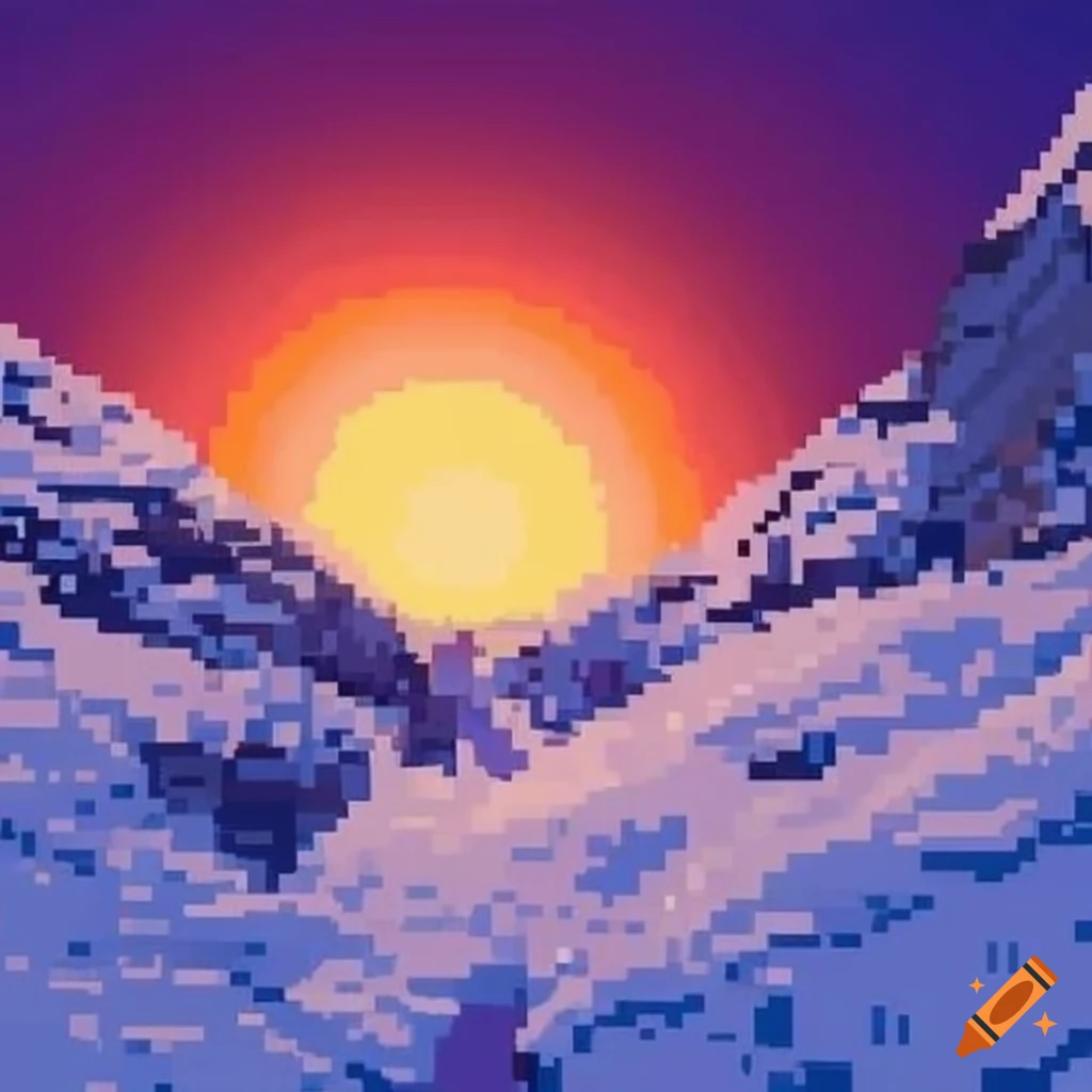 Pixel art of a stunning cliff at sunset in the snow