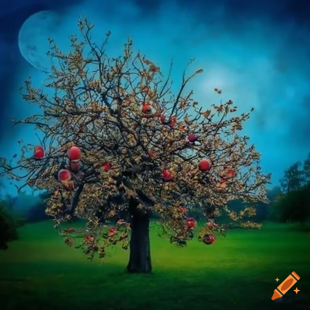 Apple Tree with fruit in a garden dramatic moon light with fog on Craiyon