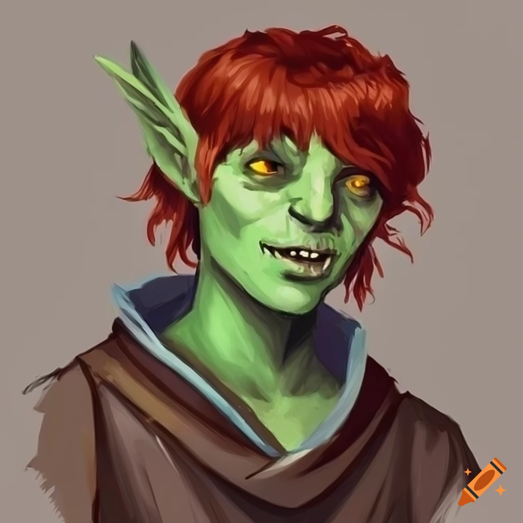 Dnd male goblin friendly with dark red hair heterochromia