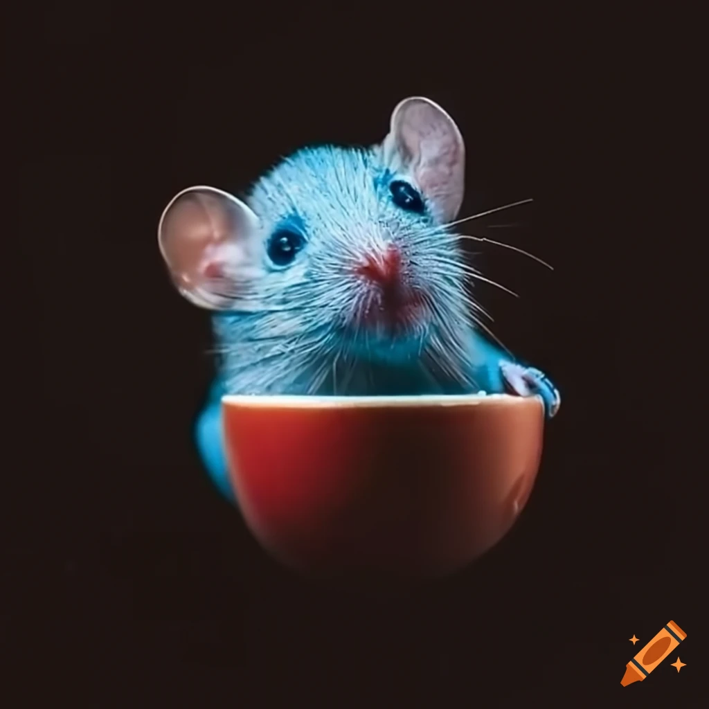 A blue tiny mouse sipping coffee from a small cup on Craiyon