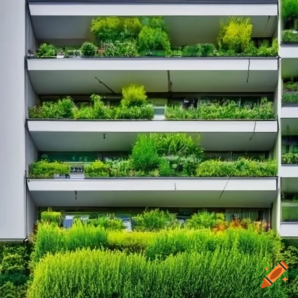 Sustainable urban housing featuring green balconies and vertical gardens