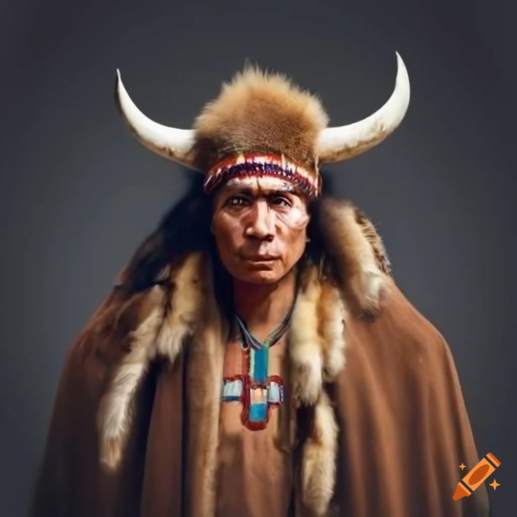 Tall male native american man with broad shoulders and bison fur cloak ...