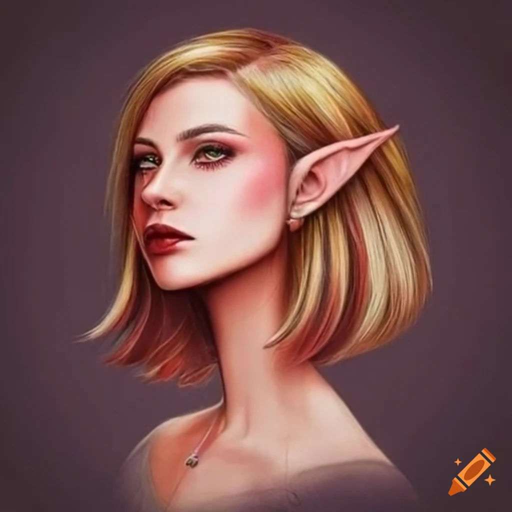 Beautiful elven, short bob hair blonde, red wear on Craiyon