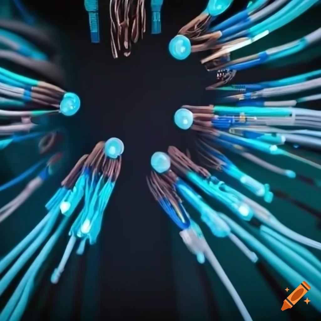 Optical fiber cables glowing in the dark computer server room on Craiyon