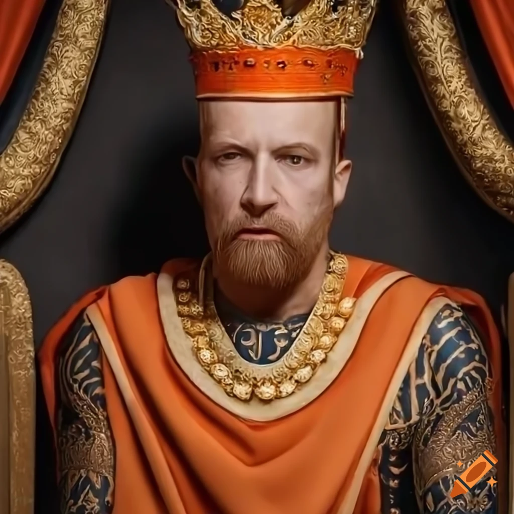 Close up, a regal king in orange robes sitting on a marble throne ...