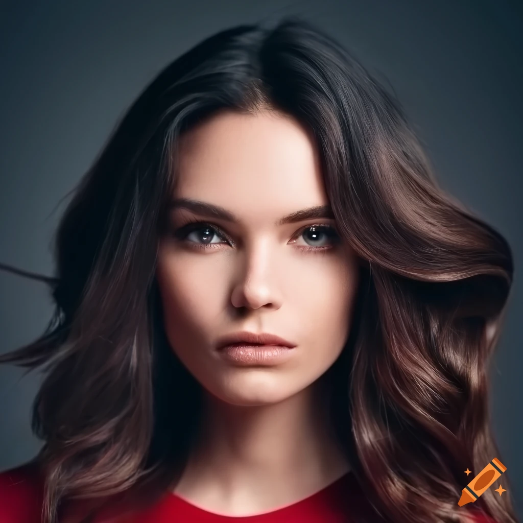 A photo portrait of a female supermodel wearing red t-shirt, soft ...