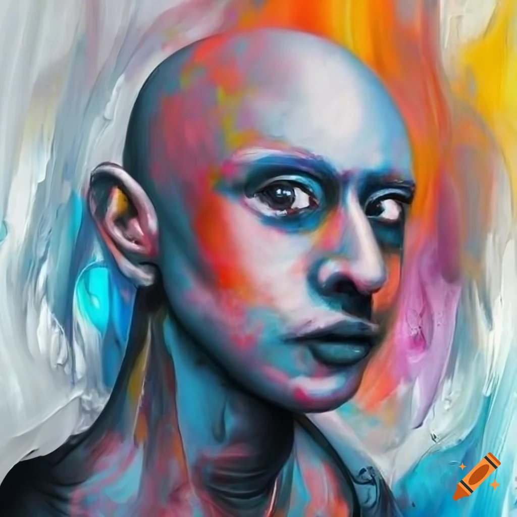 Abstract bald black white pastel distorted smeared front facing portrait