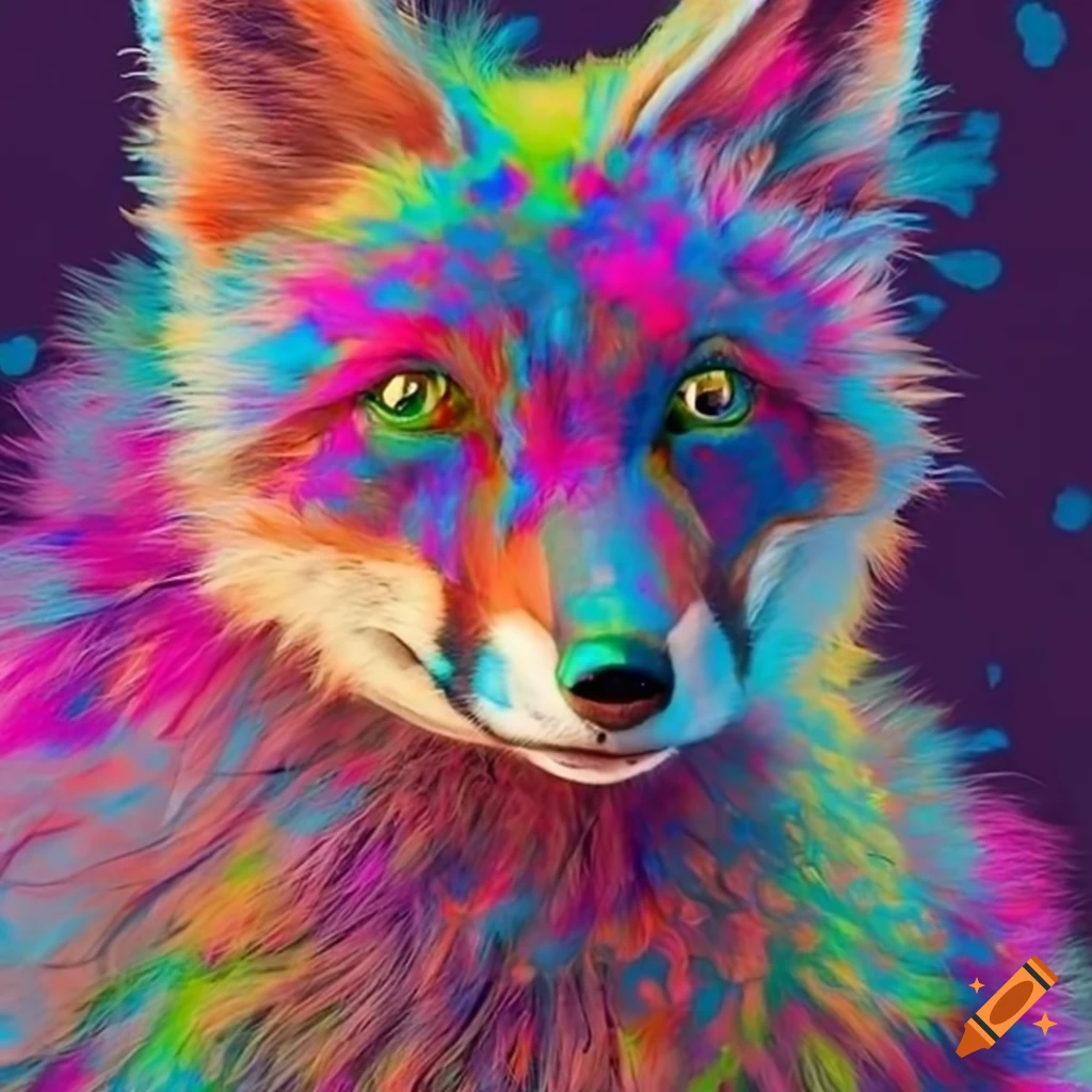 A whimsical fox with vibrant, multicolored fur blending into a painted ...
