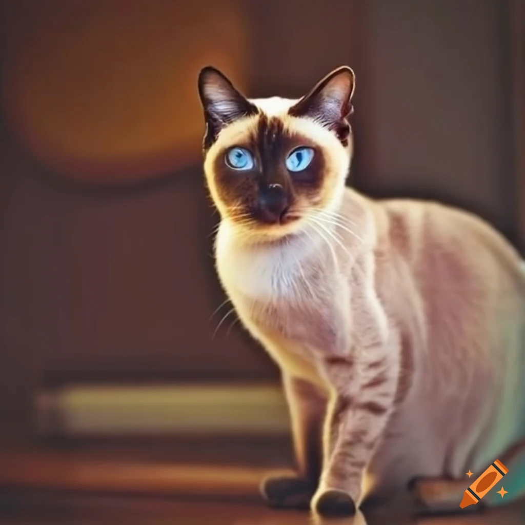 A siamese cat sitting calmly on a kitchen countertop on Craiyon