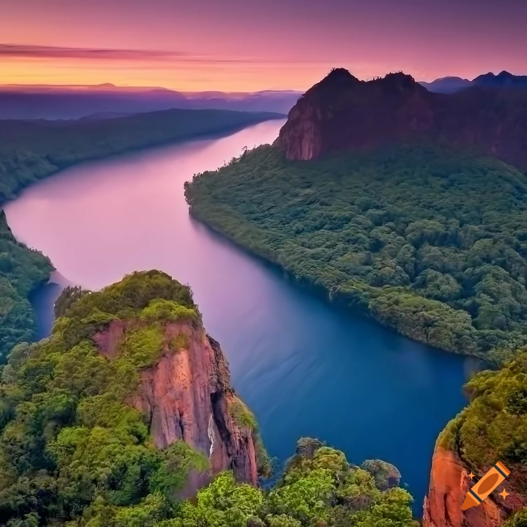 Cliff on bottom left overlooking river surrounded by rainforest with ...