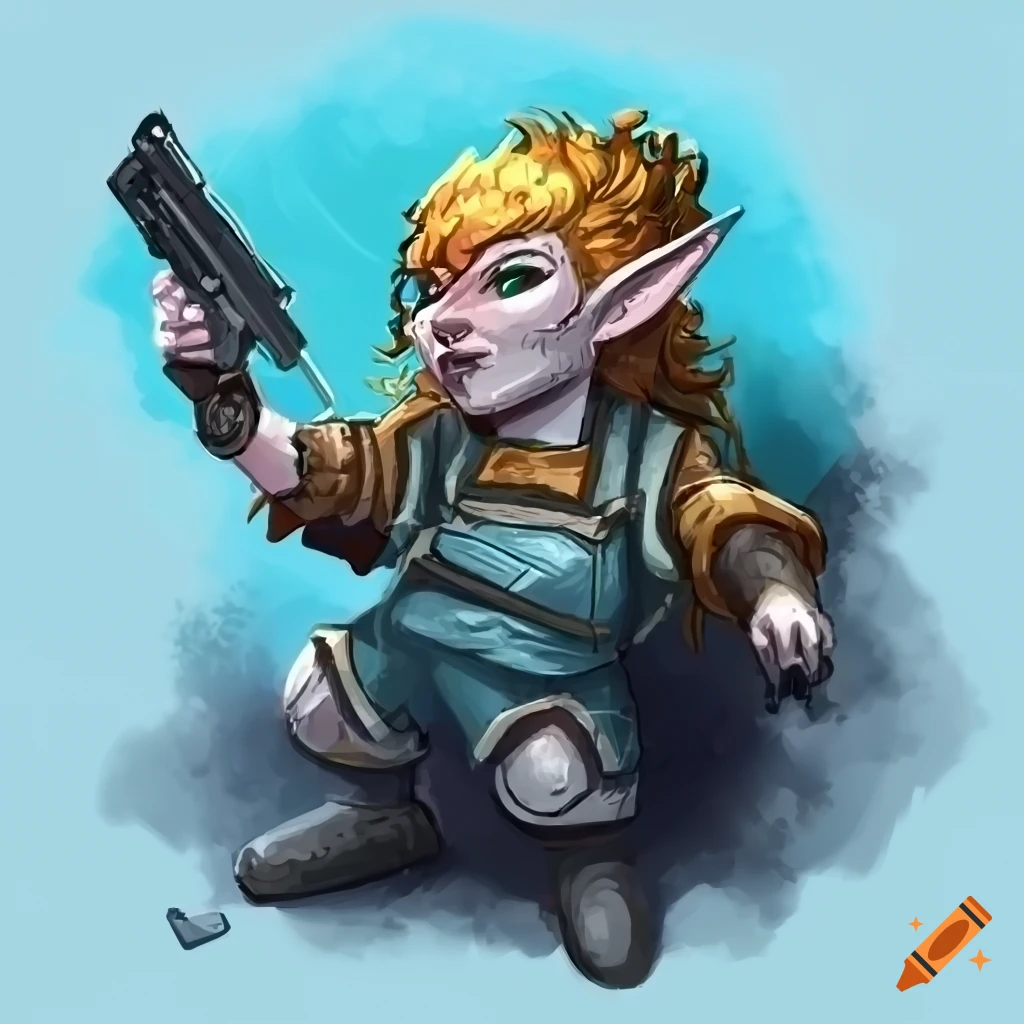 A female rock gnome techie. She has blue grey skin. She has curly ...