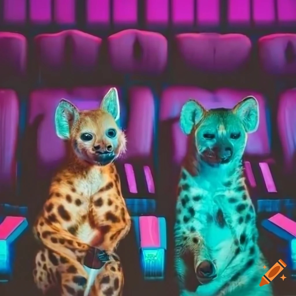 A lot of hyenas seen from their back side sitting in a movie theater ...