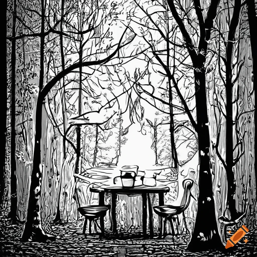 Black and white line drawing of a full table tea party in the woods on ...