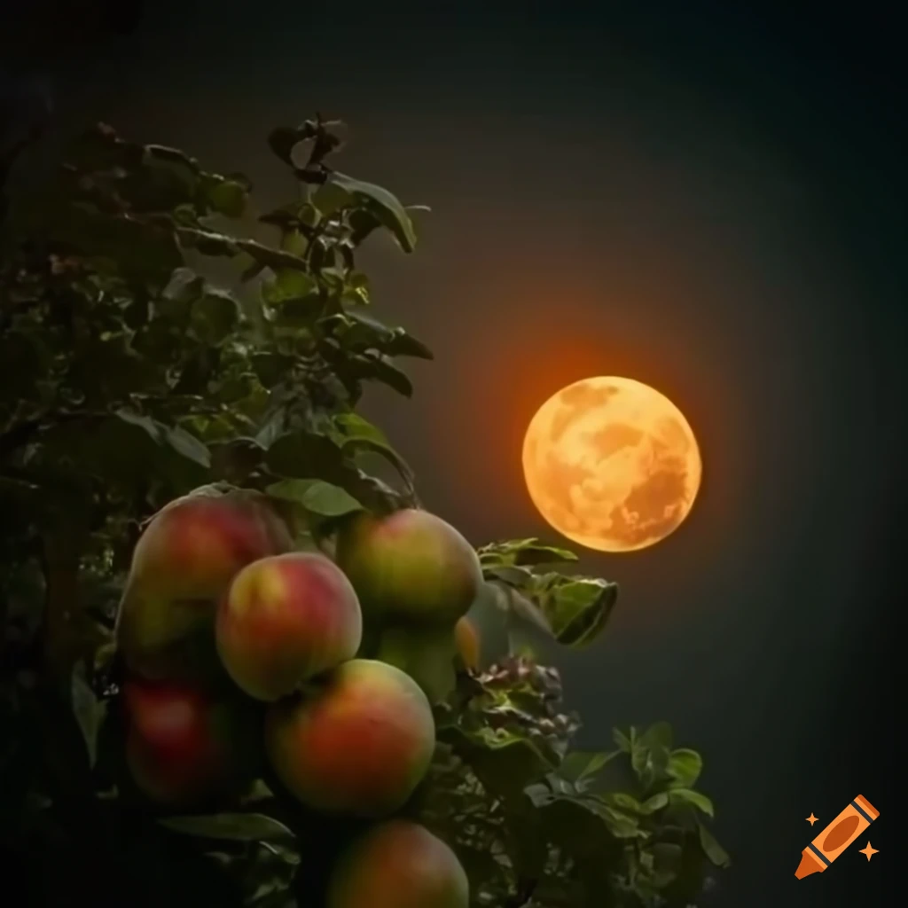 Apple tree with fruit in a garden dramatic moon light with fog