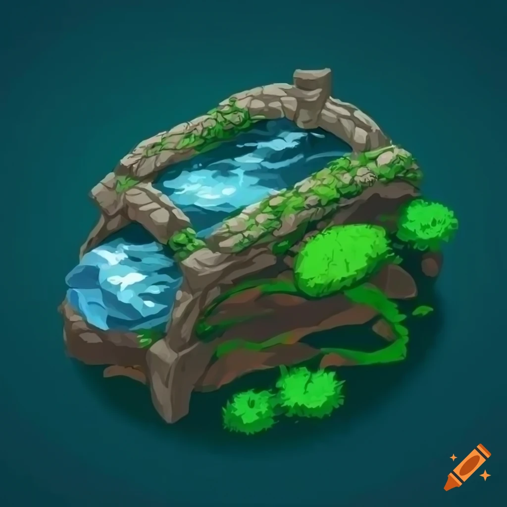 Isometric chest in the style of a 2D game made of stone overgrown with ...