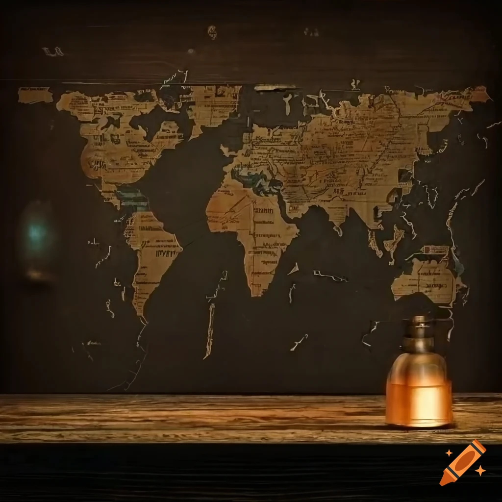 Old wrinkled map of the world on a wooden wall inside a ship, message ...