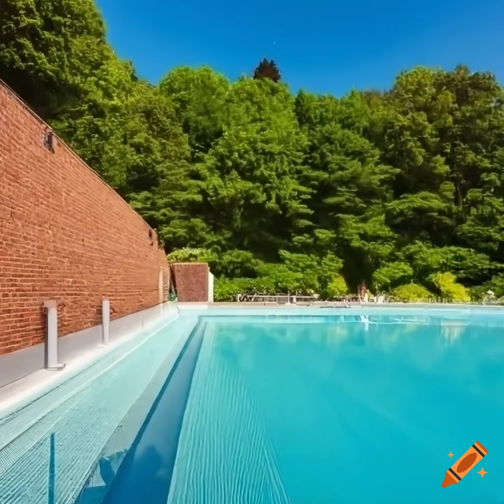 Swimming pool surrounded by a high wall with a brown building in the ...