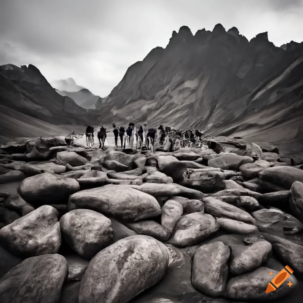 Tons of people standing, rocks environement, flat ground, rain on Craiyon