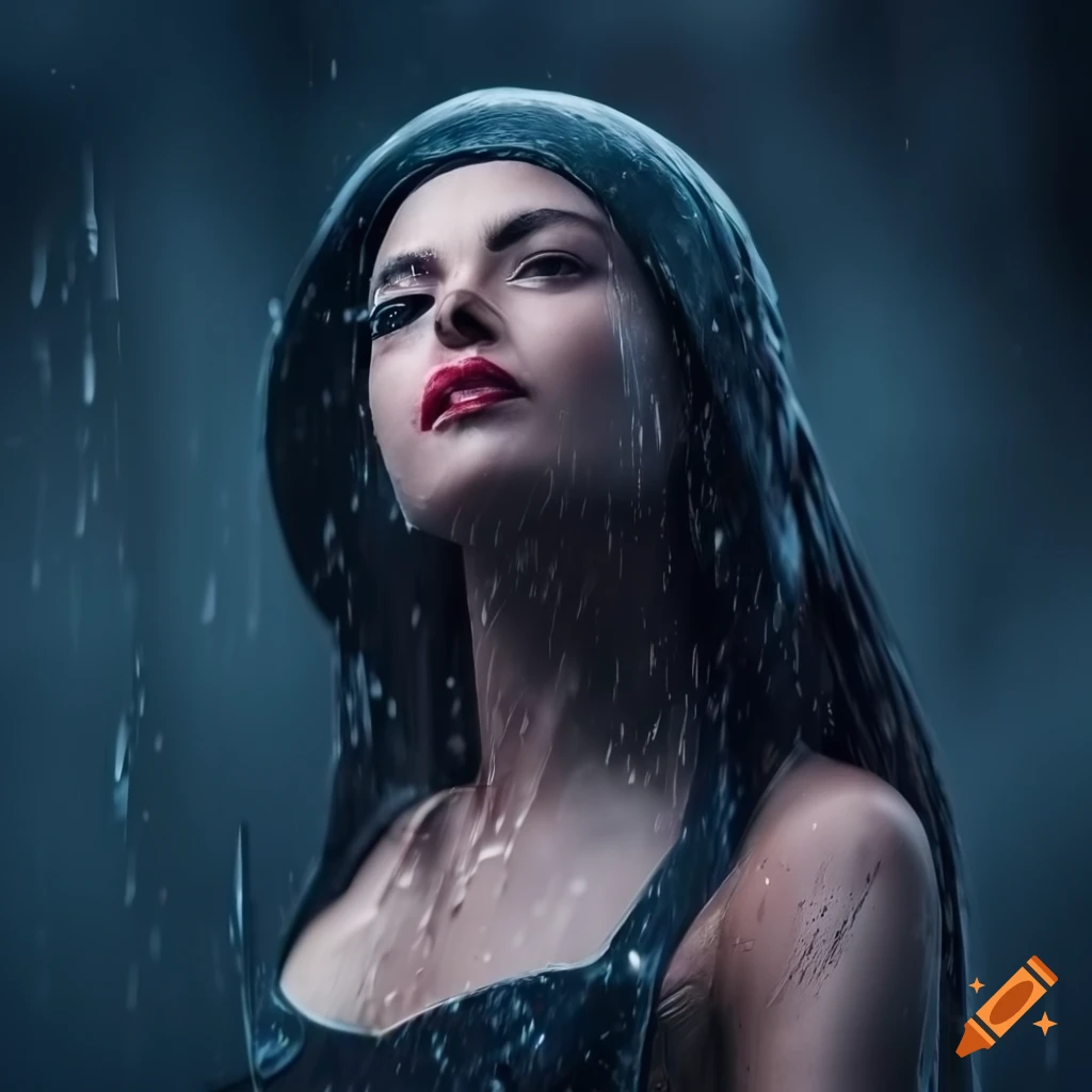 A Woman Standing In The Rain Dripping Wet Heavy Rain Broad Light