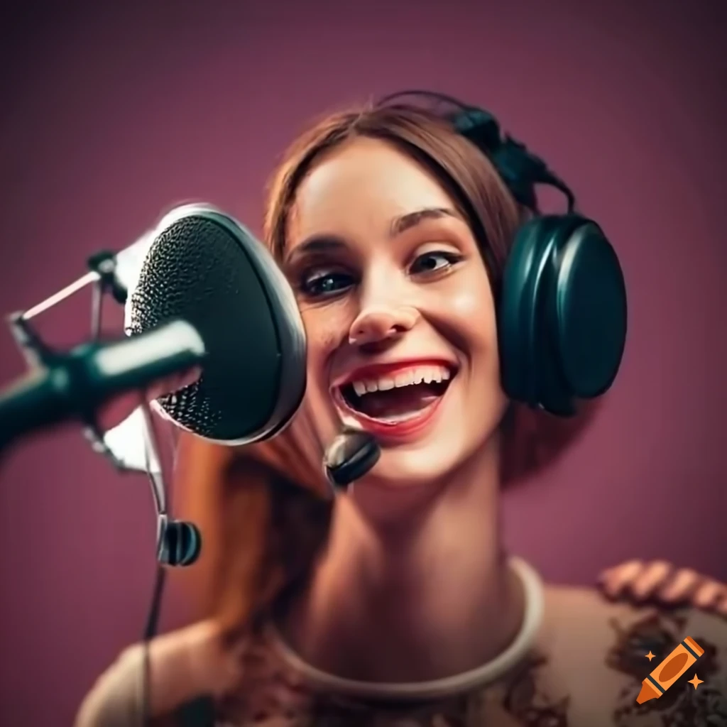Happy singer in front of a microphone with antipops in a recording ...