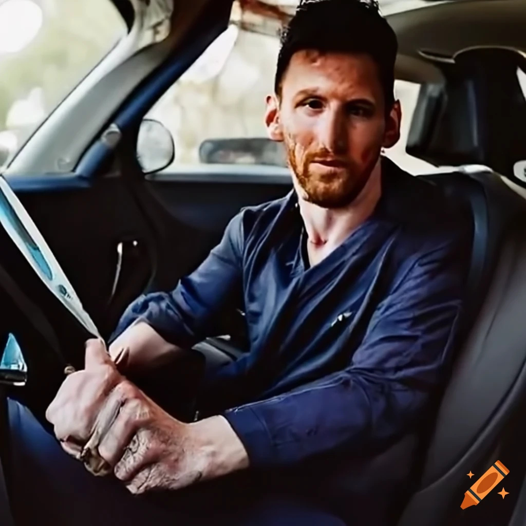 Messi driving a car on Craiyon