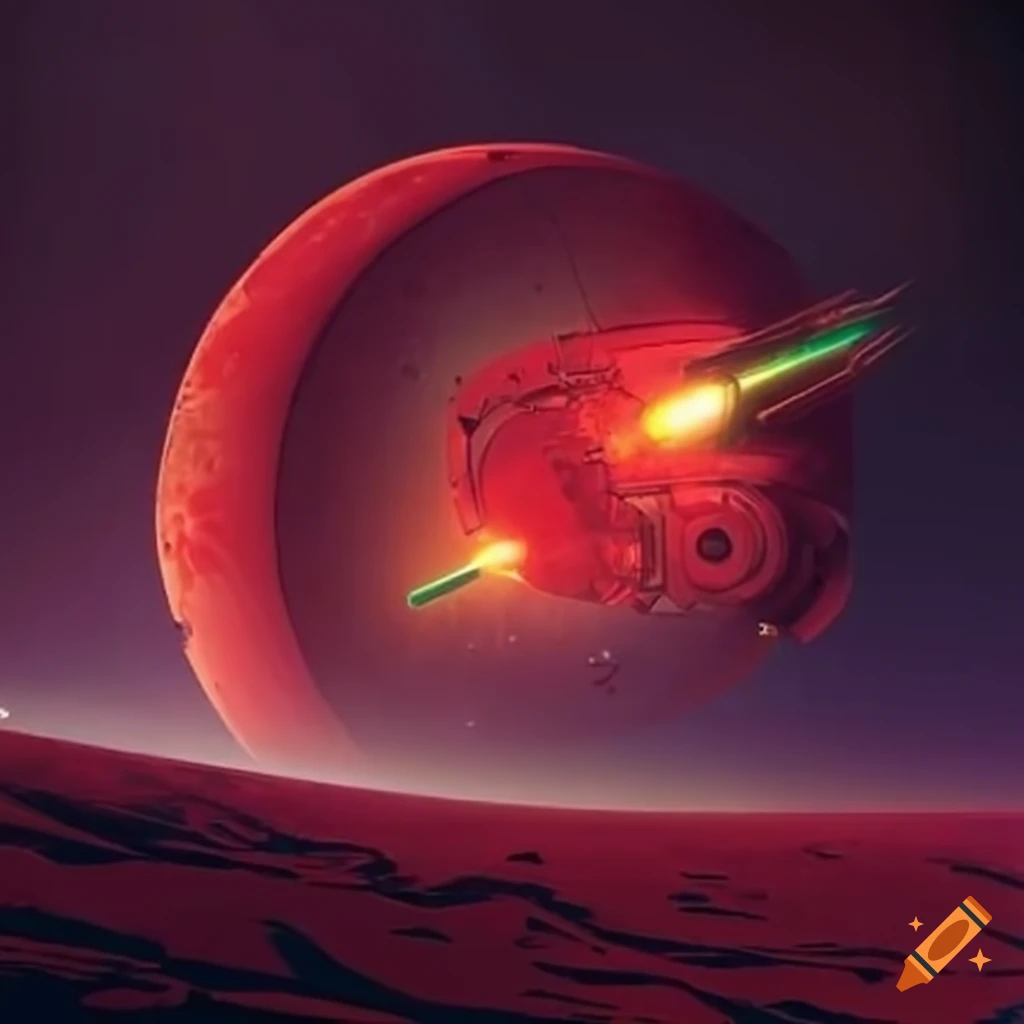 Futuristic red engine in a 70s sci fi planet