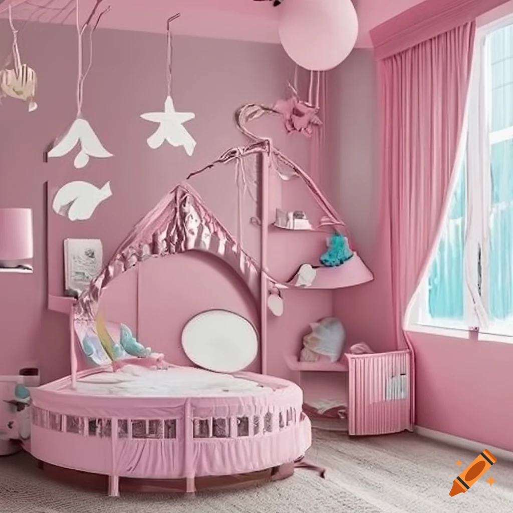 Visualisation of powder pink children s room. unicorn themed accessories. everything is kept in bright colors on Craiyon